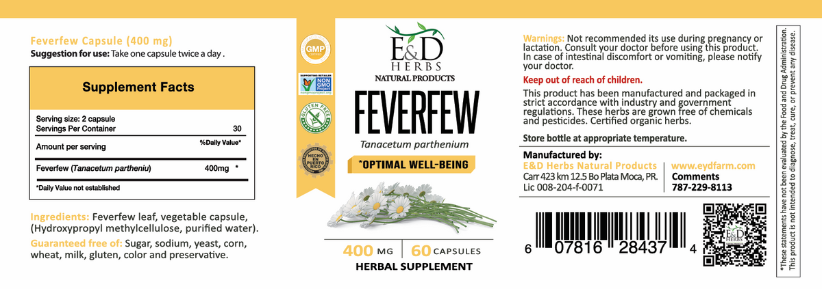Feverfew (60 Cápsulas) – E&D Herbs Natural Products LLC.