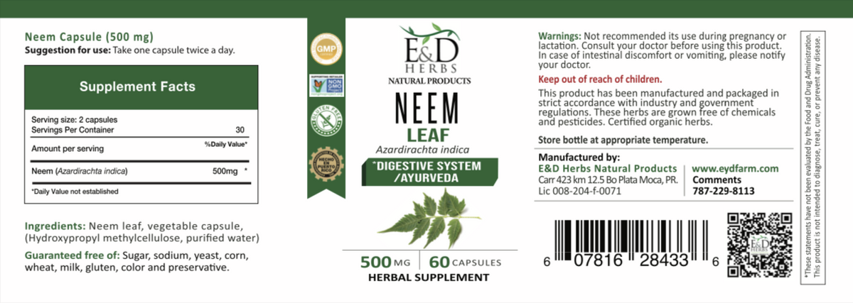 Neem (60 Cápsulas) – E&D Herbs Natural Products LLC.