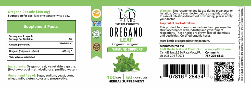 Orégano 400mg (60 Cápsulas) – E&D Herbs Natural Products LLC.